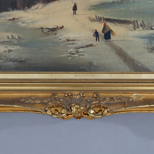 Antique Oil Painting Winter Landscape Painting with Ice Skaters in ...