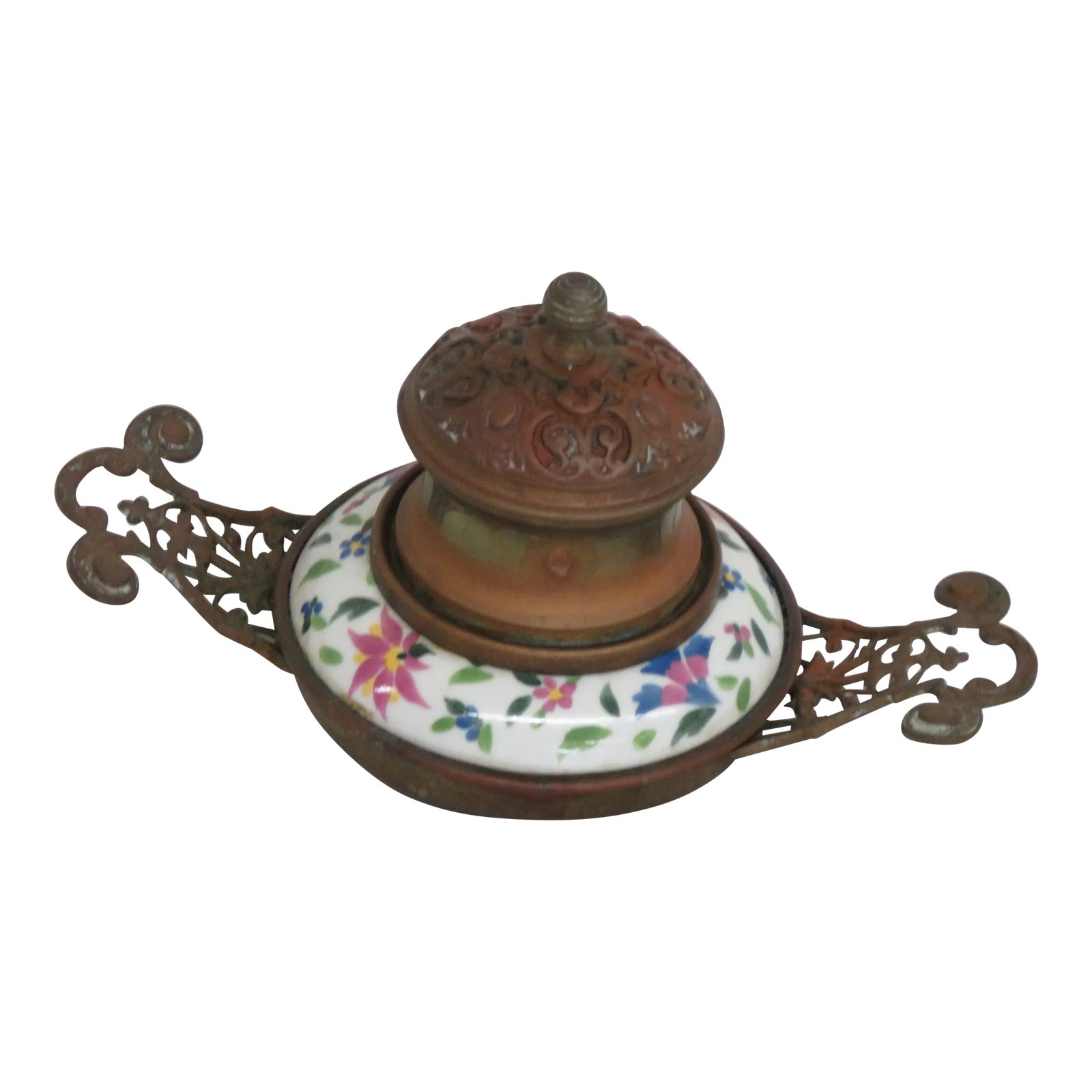 Victorian Early 1900s Inkwell Brass and Copper Finish With Porcelain ...