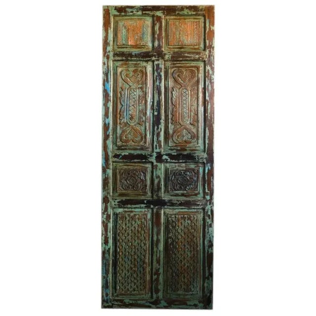 2000s Boho Rustic Carved Sage Green Barn Door Panel | Chairish