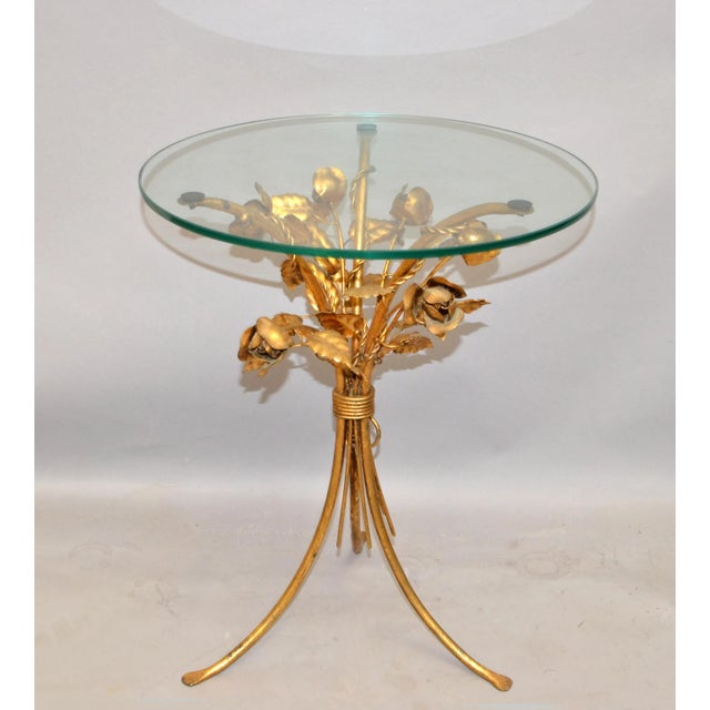 Coco Chanel Style Round Drink Table Gilt Iron Sheaf of Roses Glass Top ...