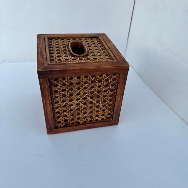 Mid Century Modern Cane and Wood Tissue Box Cover | Chairish