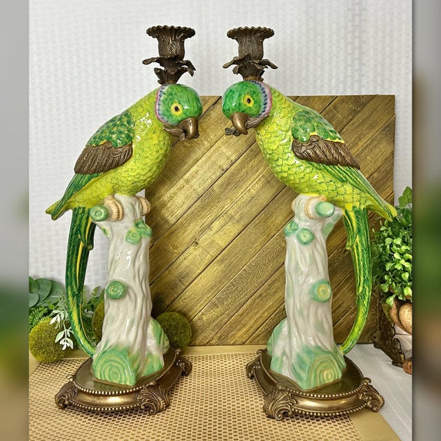 Mid 20th Century Castilian Imports Parrot Porcelain and Bronze Candle ...