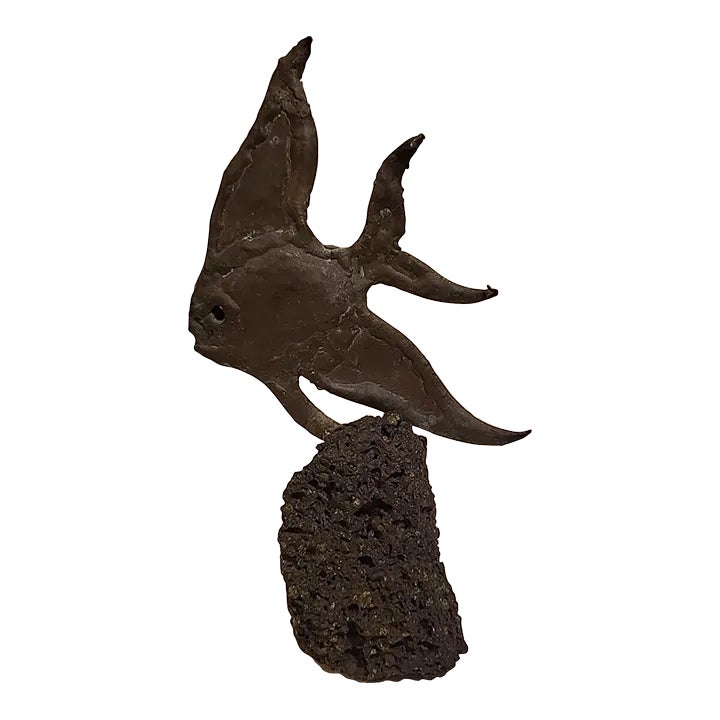 1970s Brutalist Wrought Iron Fish Sculpture on Natural Stone Base ...