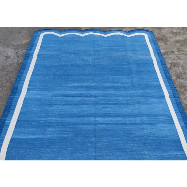 Handmade Cotton Vegetable Dyed Scalloped Edge Rug Blue With Cream and ...