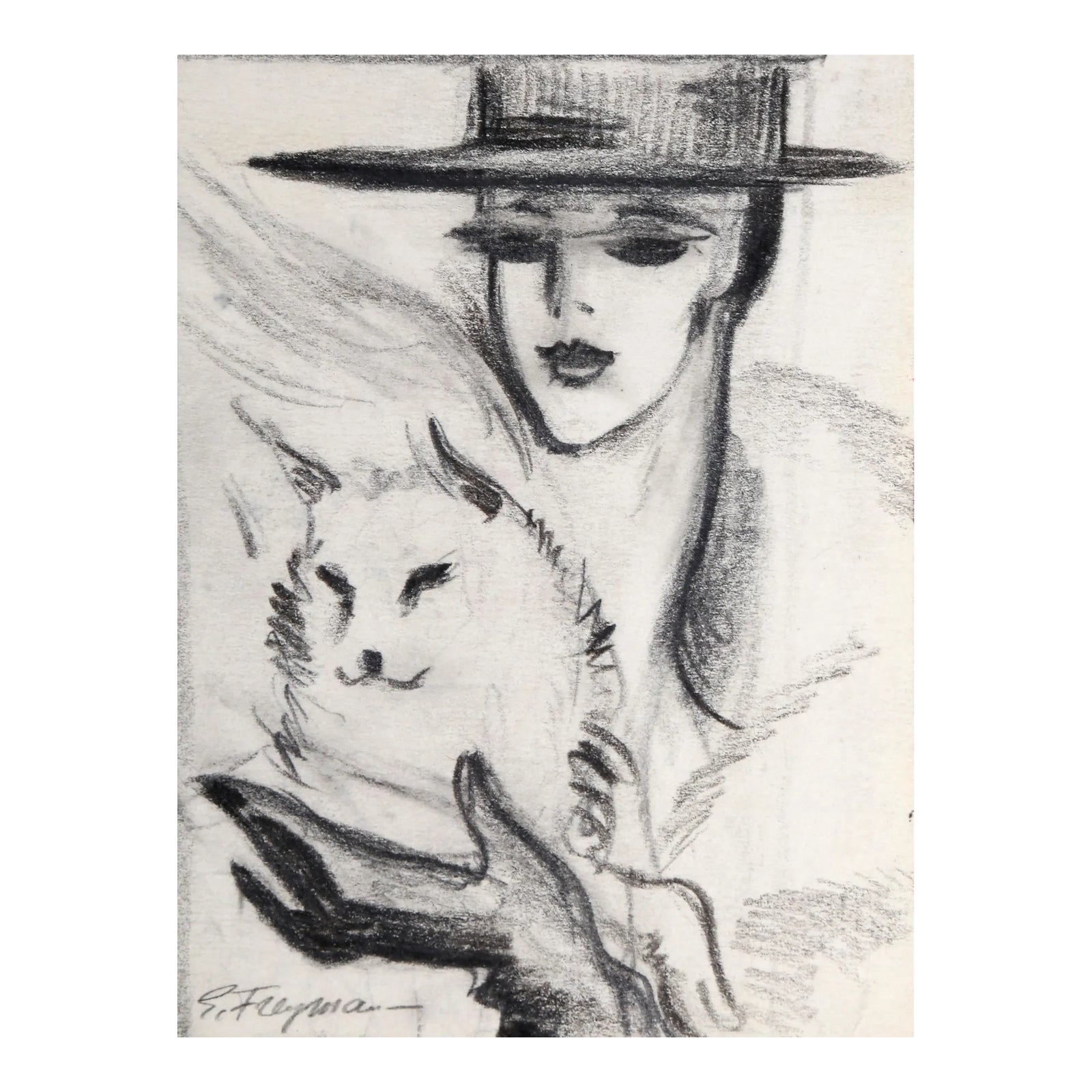 With Dog, Erik Freyman Pencil on Paper, Signed | Chairish