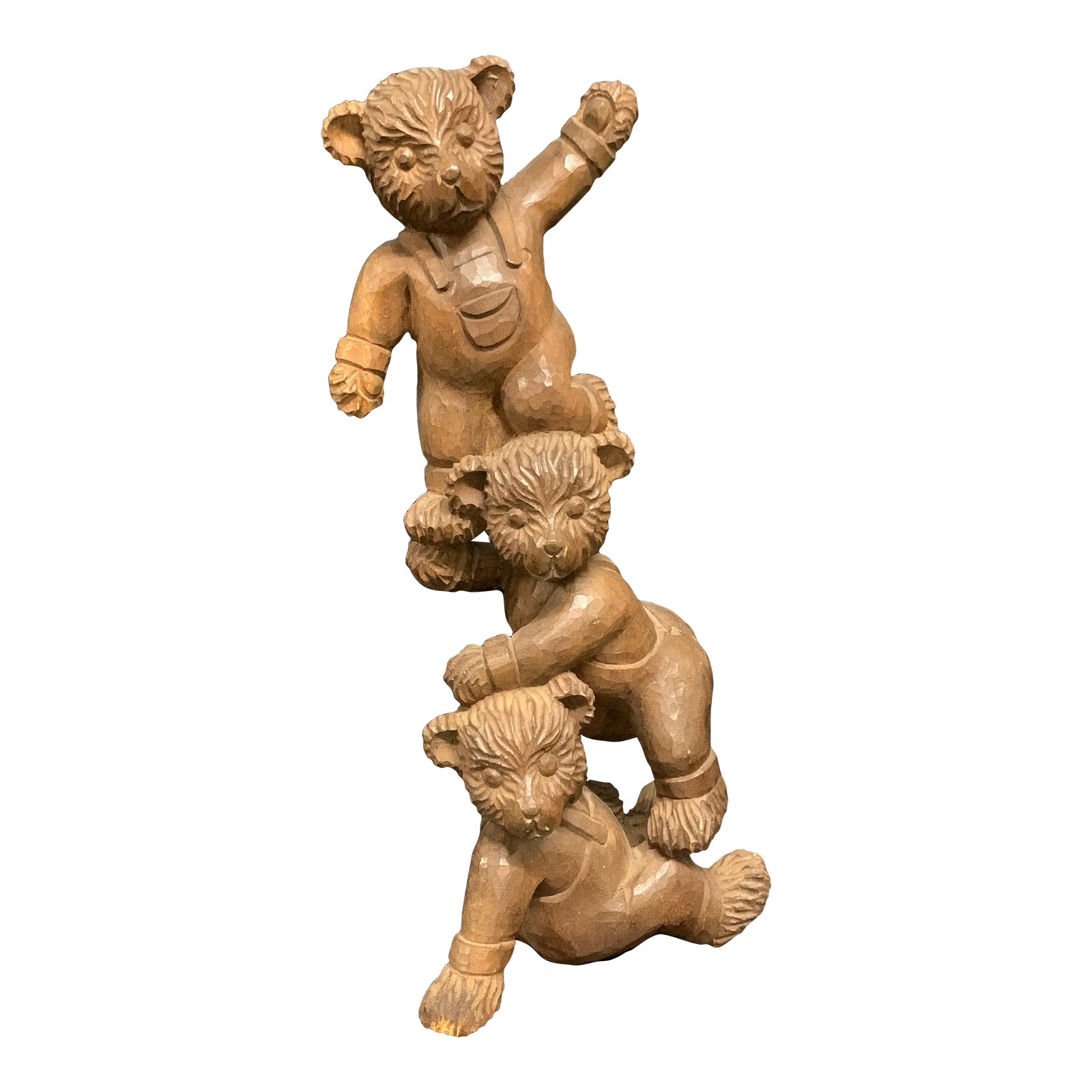 Vintage Carved Solid Wood Three Acrobatic Teddy Bear Sculpture | Chairish