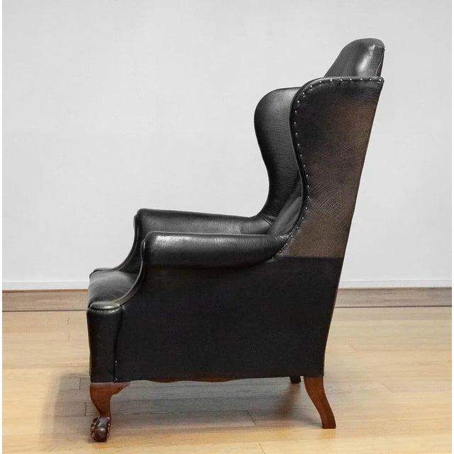 19th Century Black Leather Chippendale Wingback Chair with Claw and ...