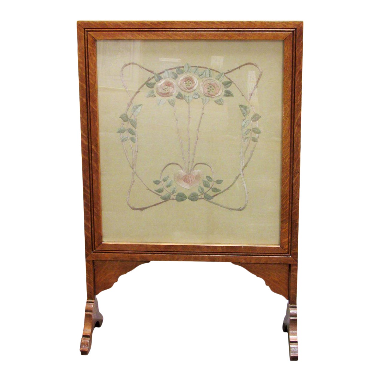 Arts and Crafts Nouveau Tiger Oak and Embroidery Fireplace Screen ...