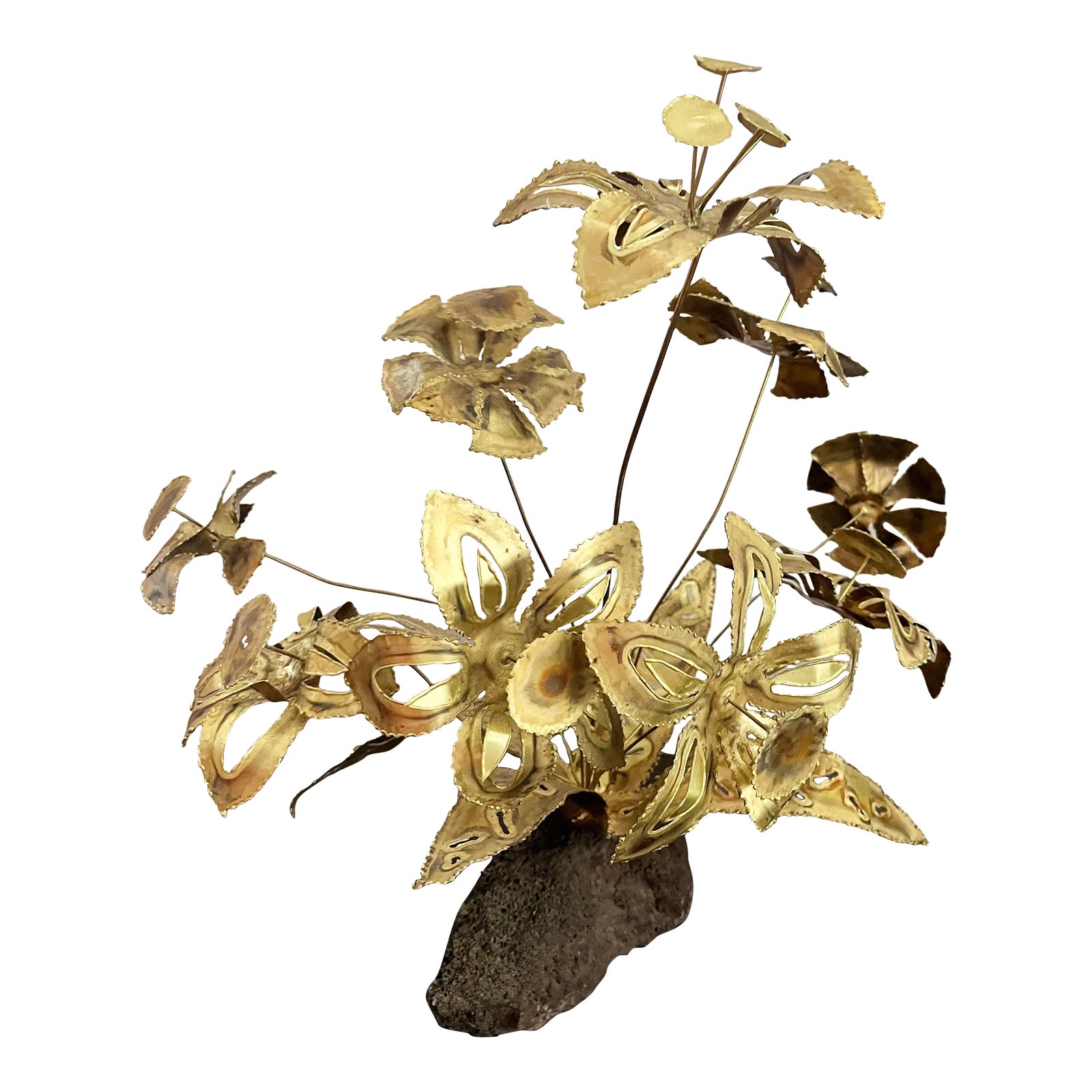 Mid-Century Modern Brutalist Brass Kinetic Flower Sculpture on Lava ...