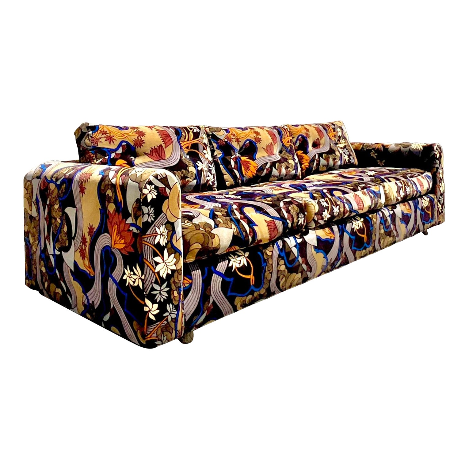 Vintage Boho Jack Lenor Larsen Mod Print Velvet Sofa | Chairish