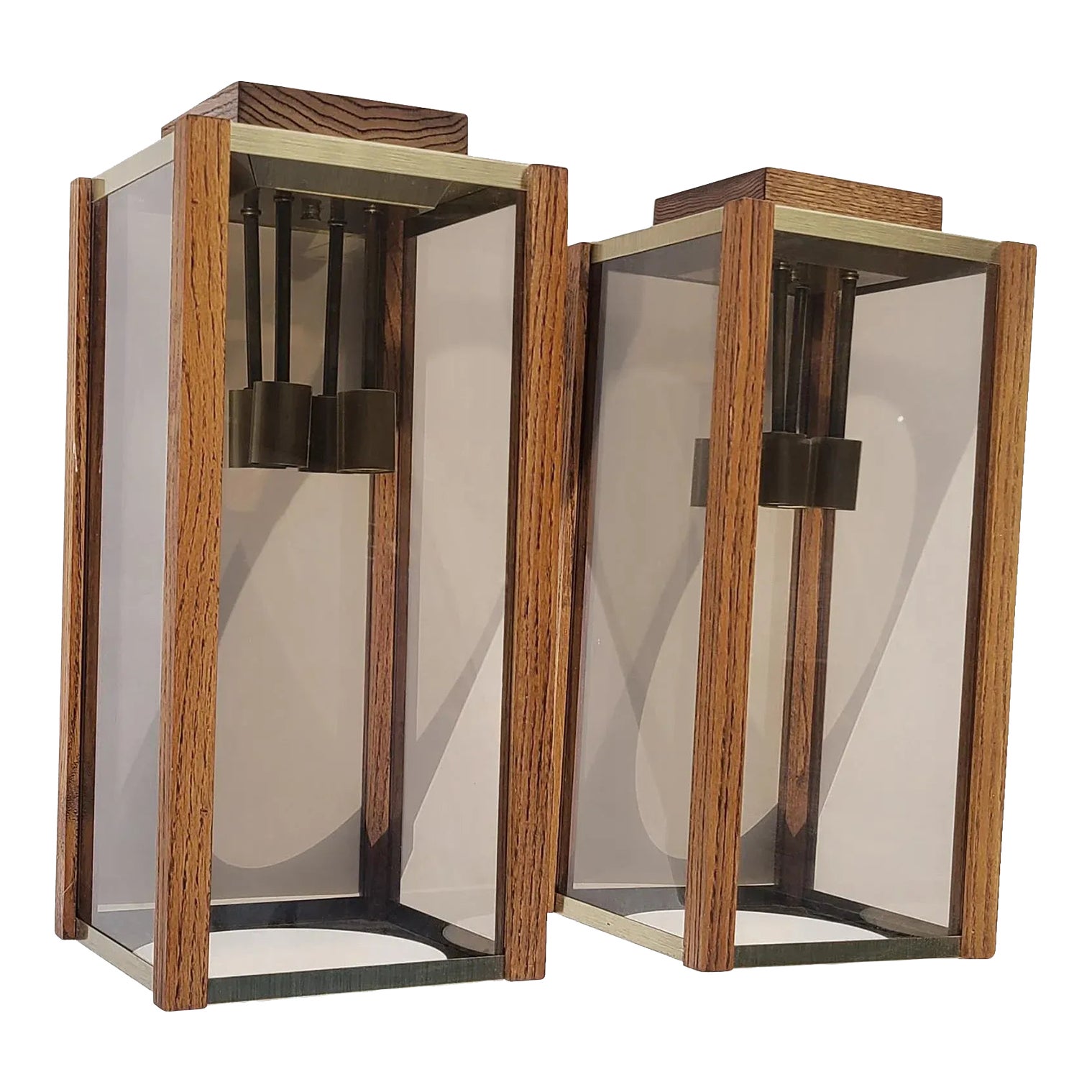 Pair of Mid 20th Century Fredrick Ramond Wood & Tinted Glass 4-Light ...