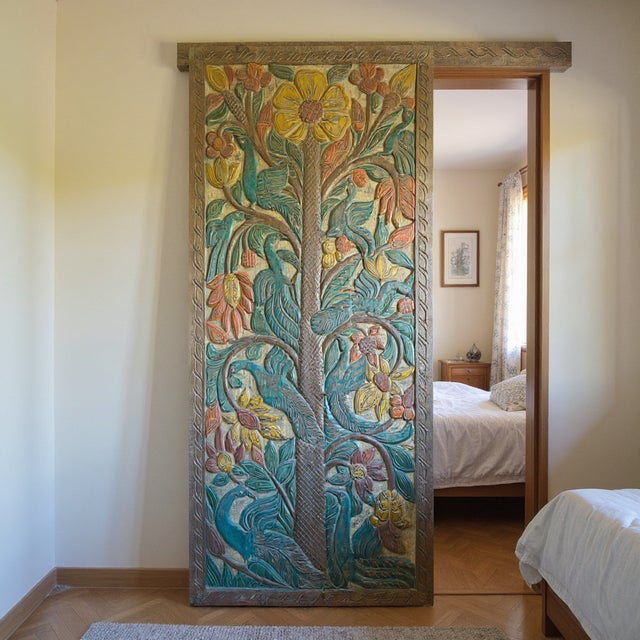 Colorful Tree of Life Hand-Carved Wooden Door Panel – Vintage Wellness ...