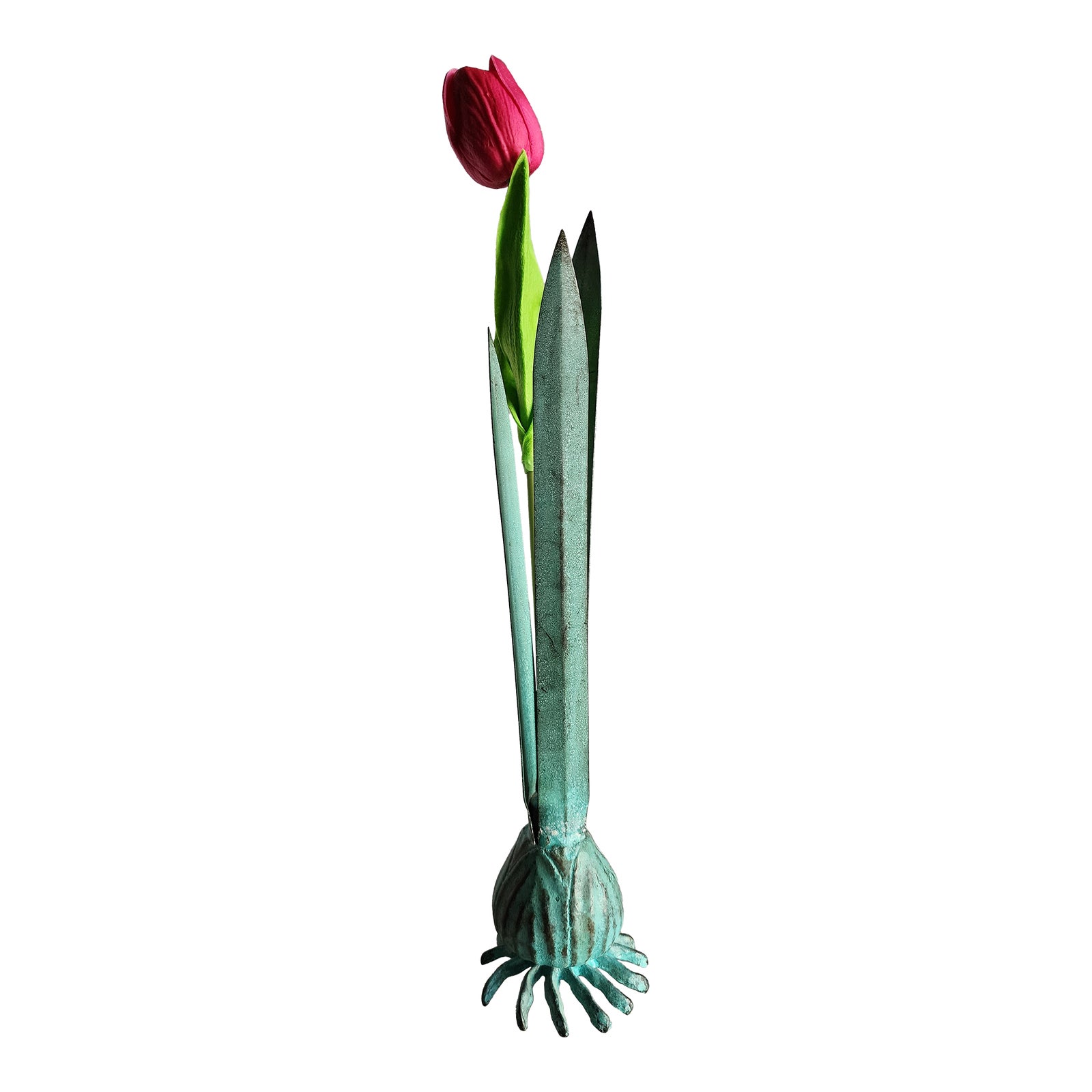 Verdigris Italian Carnevale Brass Bud Vase With Real Feel Tulip | Chairish