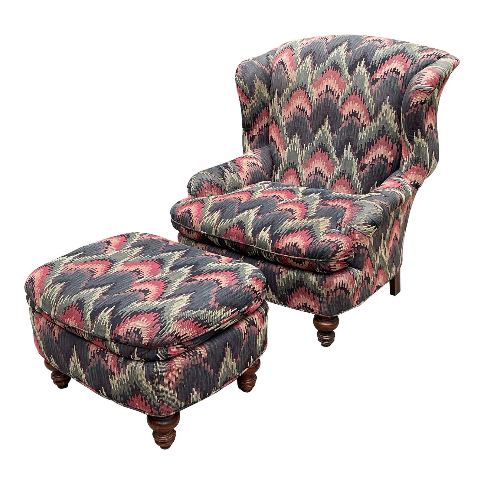 Overstuffed Upholstered Chair & Ottoman Set | Chairish