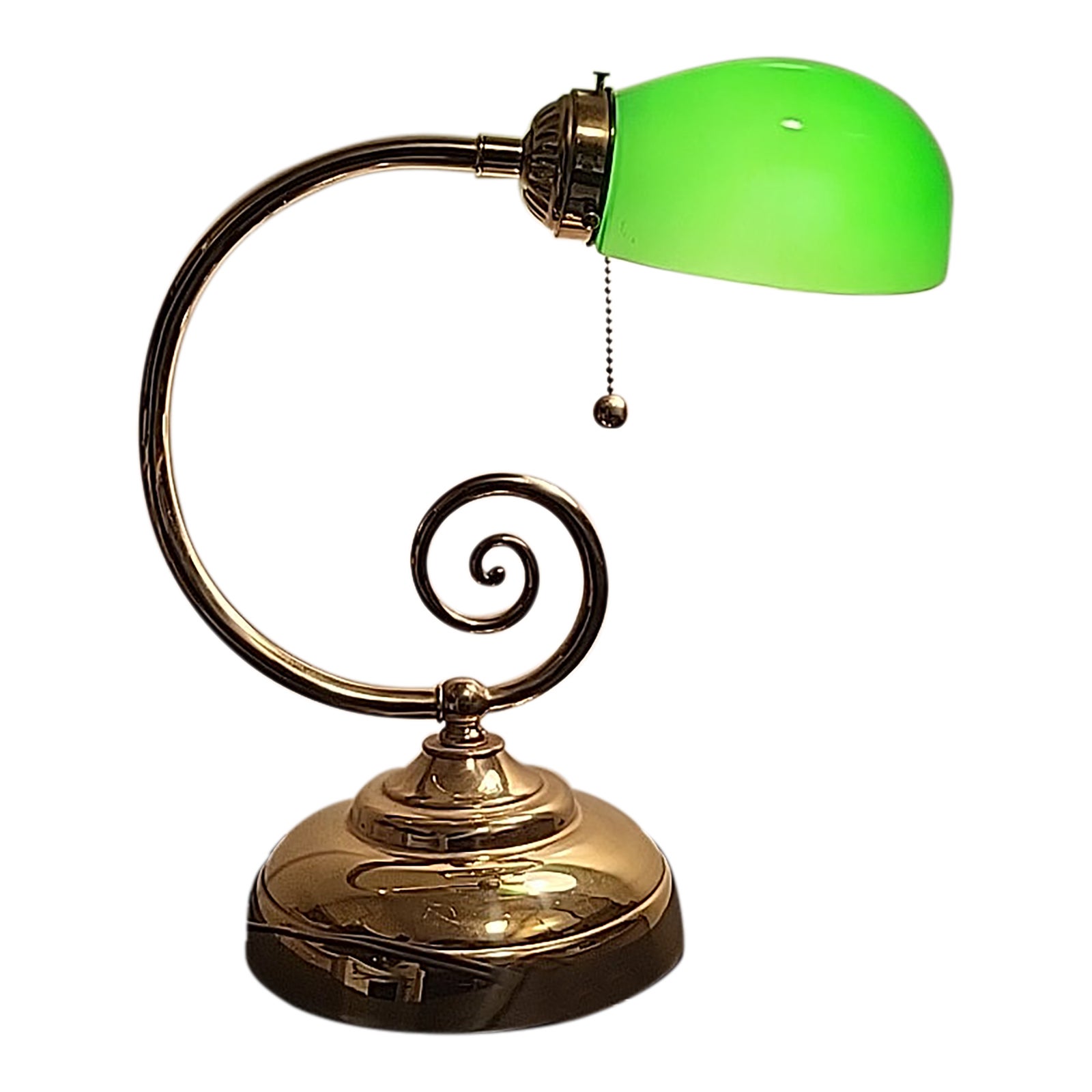 Vintage Bankers Brass Lamp Green Glass With Pull Chain | Chairish
