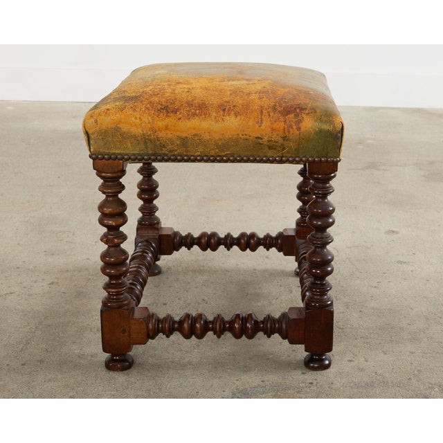 English Tudor Style Bobbin Turned Walnut Leather Bench | Chairish