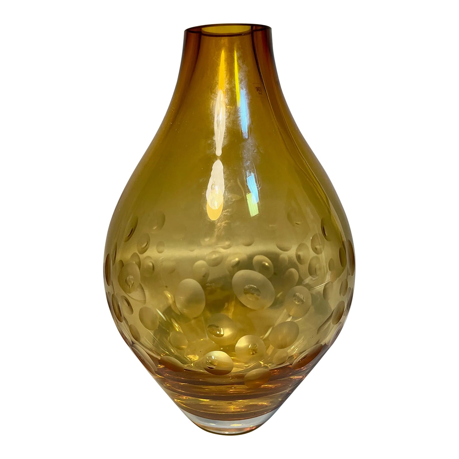 Krosno Art Glass Vase Amber With Etched Circles Poland Hand Blown | Chairish