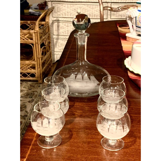 Vintage Etched Nautical Decanter and Glasses | Chairish