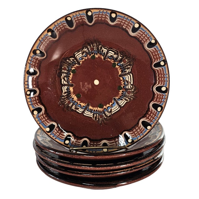 Hand Painted Bulgarian Troyan Red Feather Desert Plates Set of 5 | Chairish