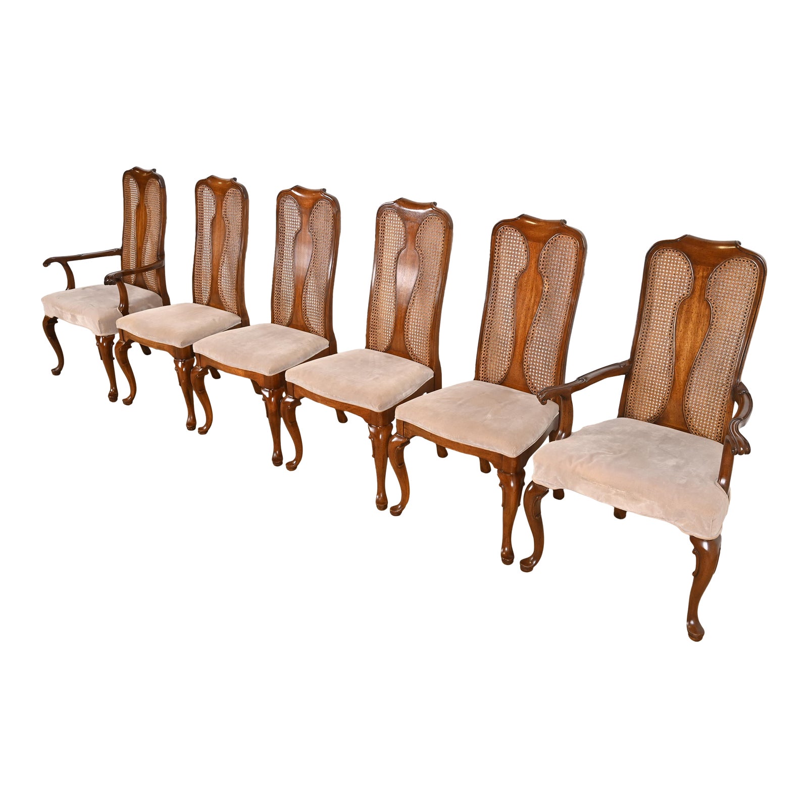 Queen Anne Solid Walnut and Cane High Back Dining Chairs by Mount Airy ...