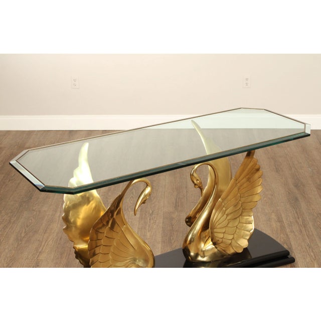 Quality Italian Brass Swan Glass Top Console Table | Chairish