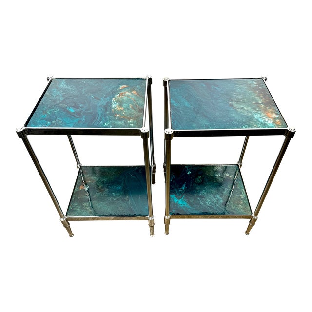 Chrome Art Glass Side Tables by Casey Rivers, a Pair | Chairish