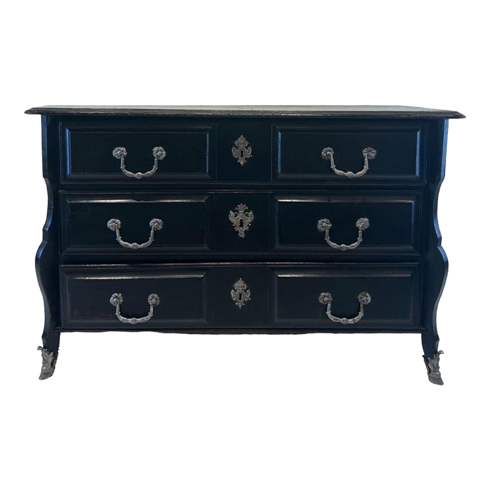 18th Century Black Chest With Silver Pulls | Chairish