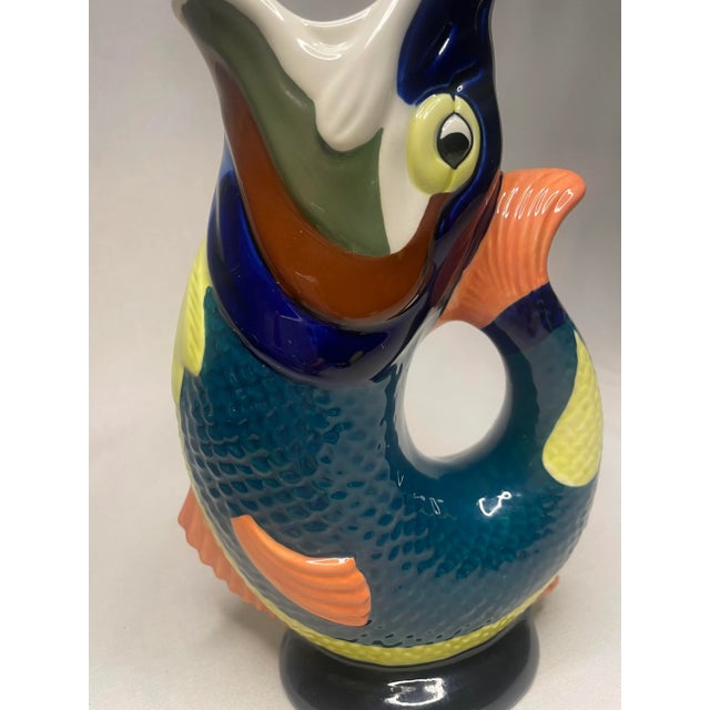 Late 20th Century Gluggle Fish Ceramic Pitcher in Teal, Orange and ...