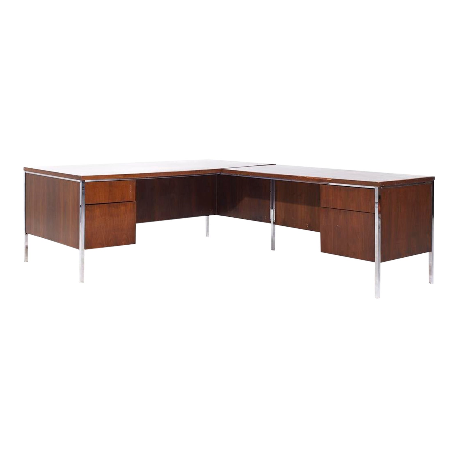 Leopold Mid Century Walnut and Chrome Corner Executive Desk | Chairish