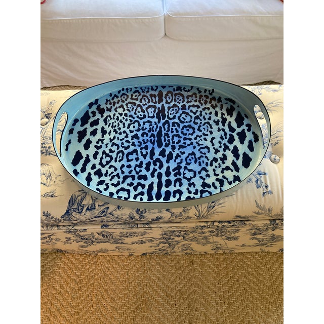 Contemporary Oval Blue Leopard Lacquer Tray | Chairish
