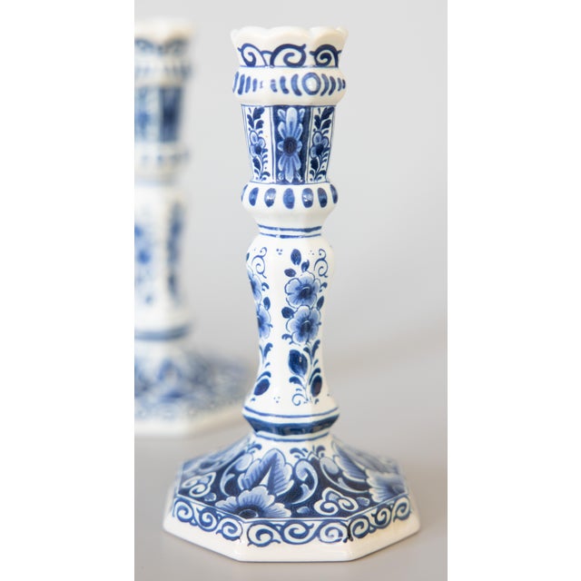 Mid 20th Century Dutch Delft Floral Candlesticks - a Pair | Chairish