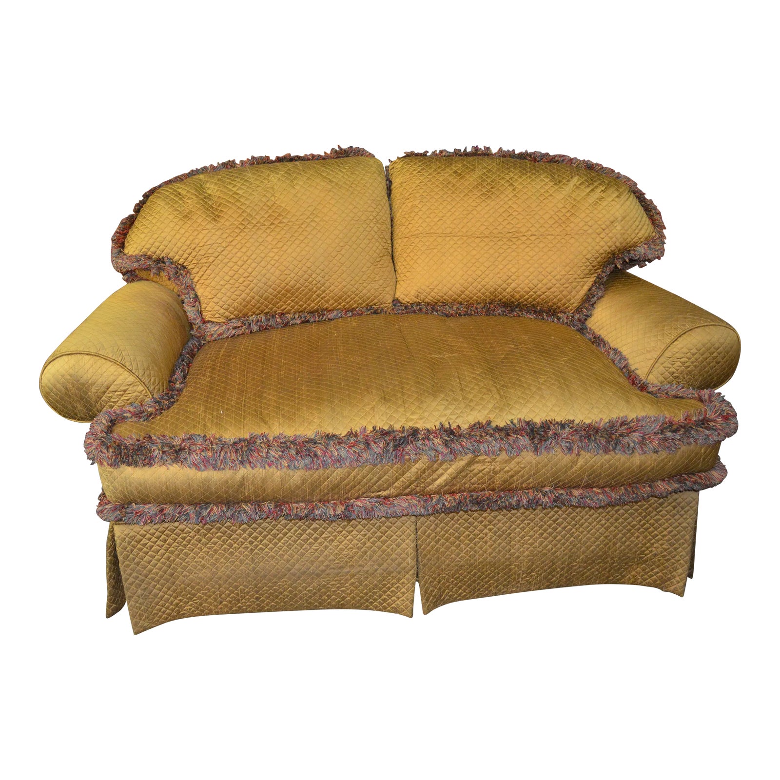 1960s Clyde Pearson Gold Quilted Look Chintz Silk Sofa Loveseat With Feather Fill & Tufted ...
