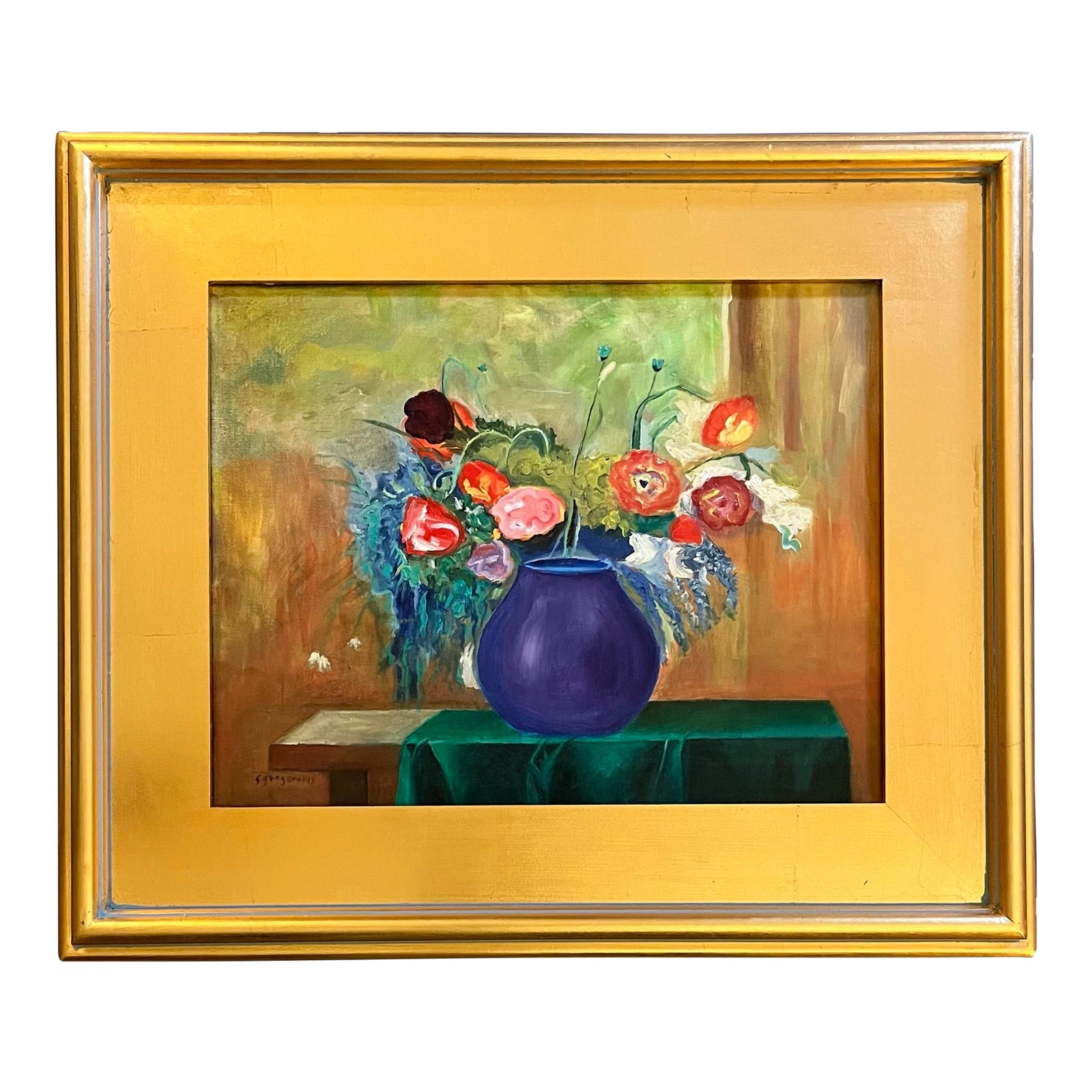 Oil Painting of Flowers in a Violet Vase by Satori Gregorakis, Framed ...