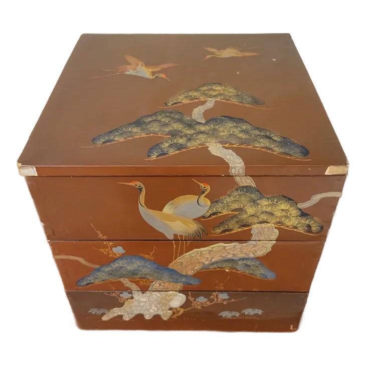 Vintage 3-Tier Japanese Painted Lacquer Bento Box | Chairish