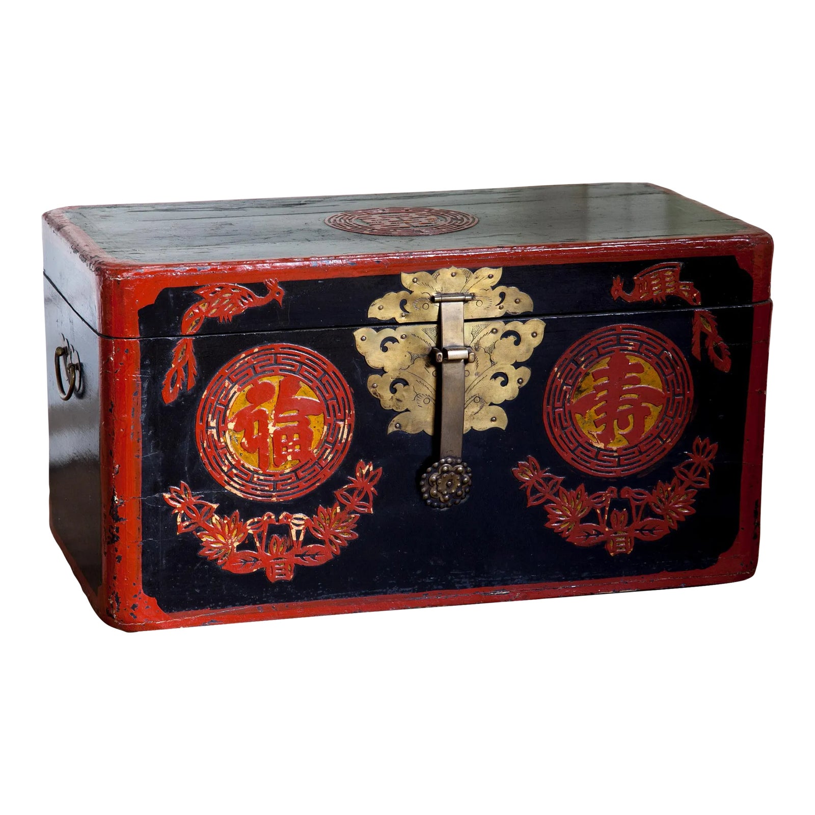 Antique Chinese Red Black Lacquered Trunk | Chairish