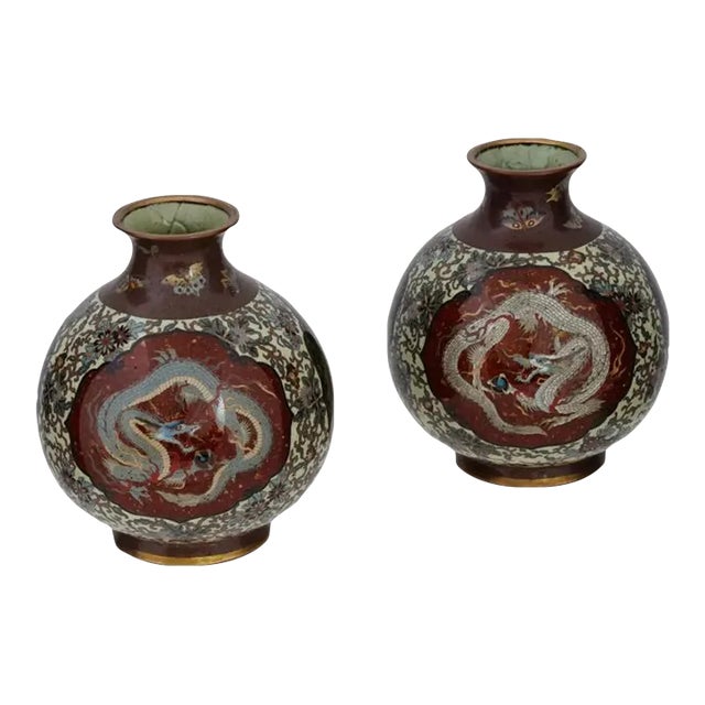 A Pair of Late 19th Century Meiji Japanese Cloisonne Enamel Dragon ...