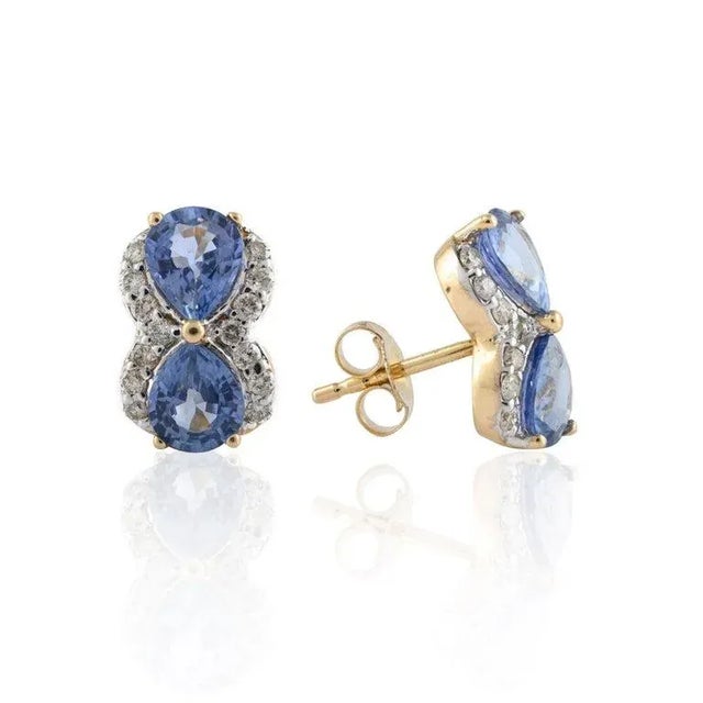 14k Solid Yellow Gold Art Deco Diamond and Blue Sapphire Pushback Stud ...