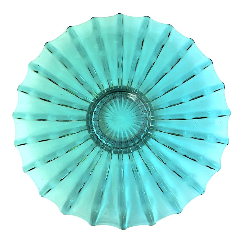Mid Century Modern Round Blue Ribbed Glass Footed Console Centerpiece ...