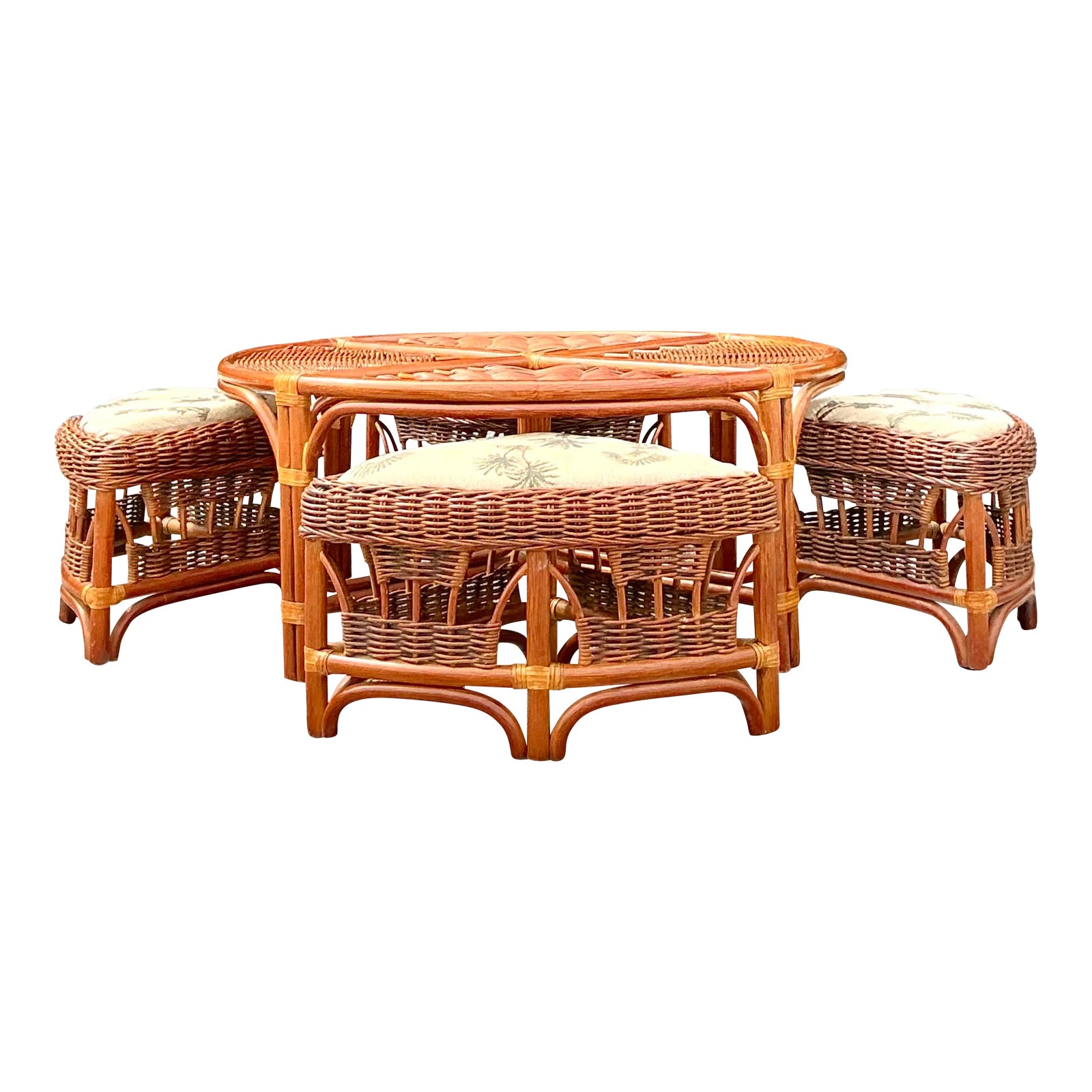 Vintage Coastal Woven Rattan Low Game Table Set of 5 | Chairish