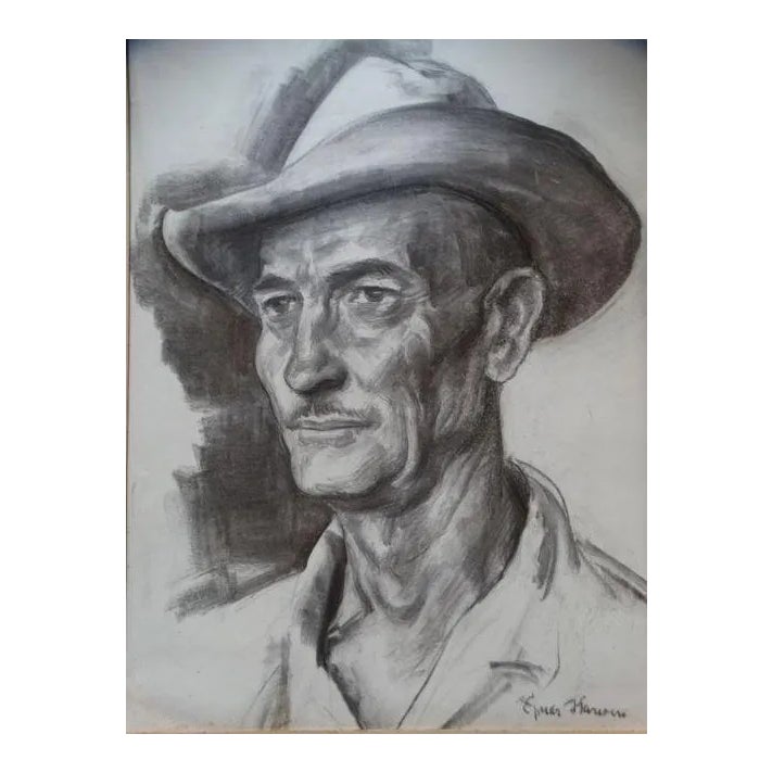 Farmer Charcoal Portrait Drawing by Ejnar Hansen | Chairish
