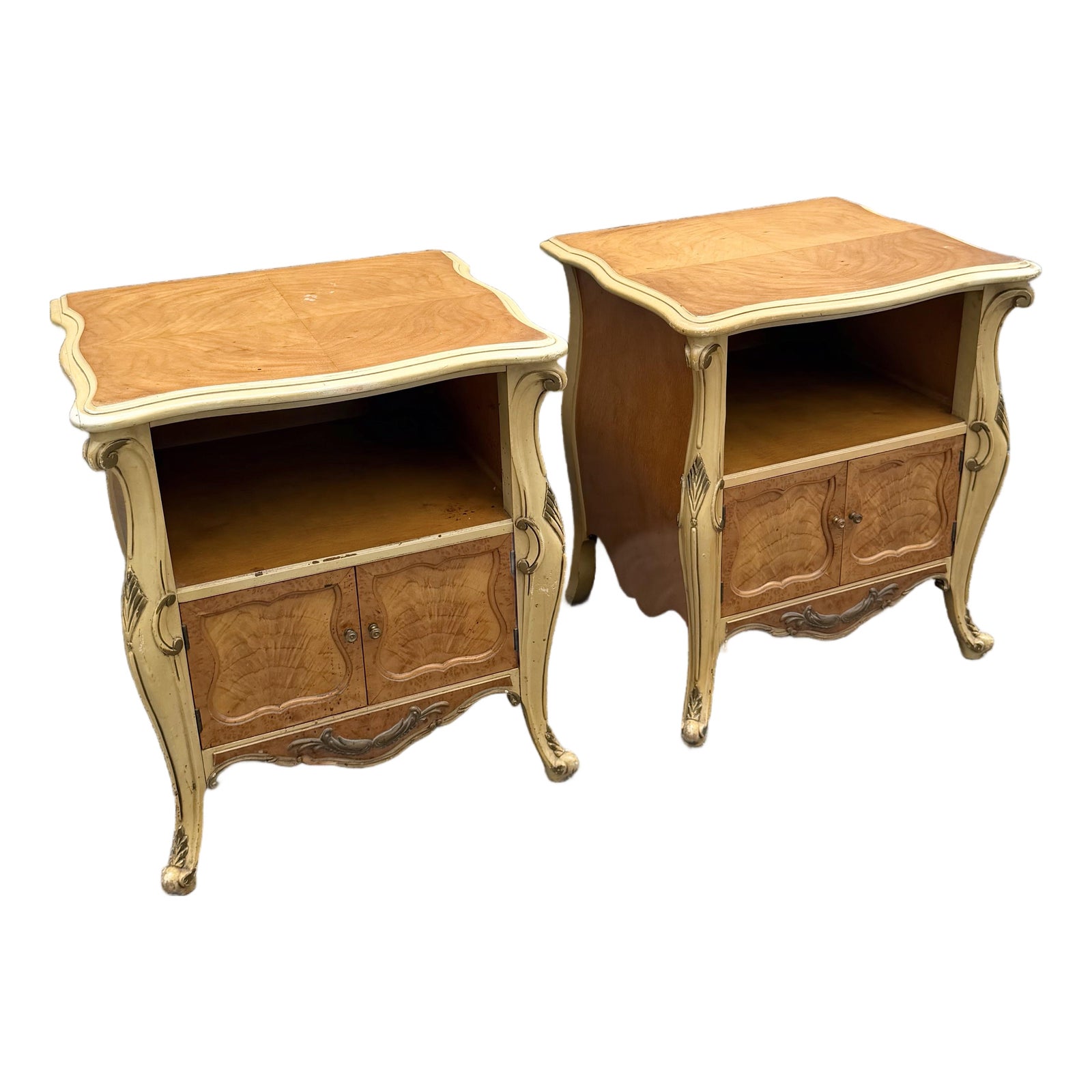 Vintage French Provincial Style Burl Wood Bombe Nightstands - A Pair ...