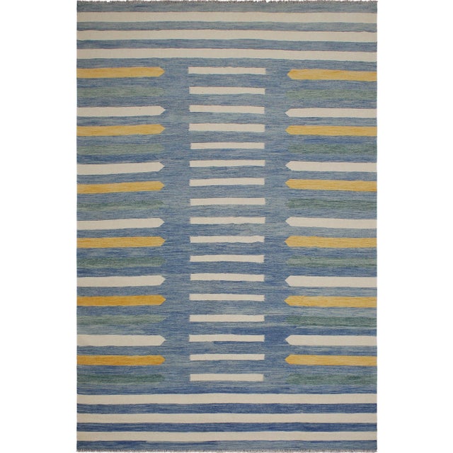 Early 21st Century Boho Chic Kilim Blue Beige Wool Rug | Chairish