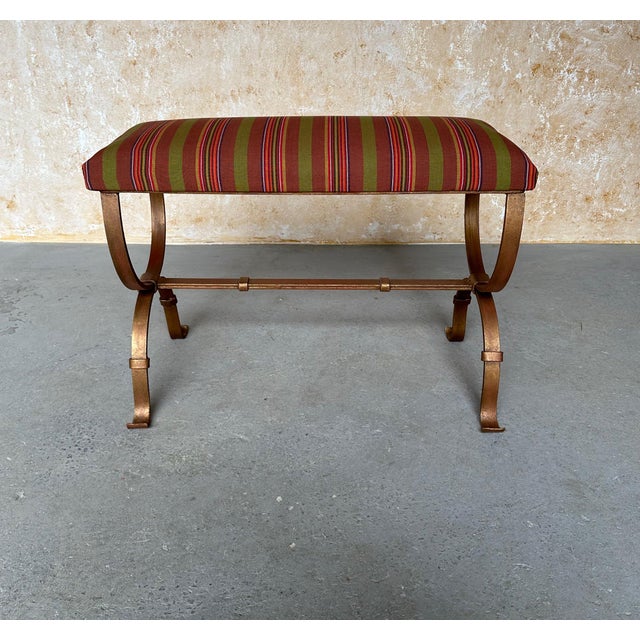 Spanish Gilt Iron Bench in Striped | Chairish