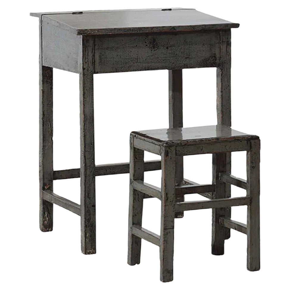 Antique Gray Lacquered Desk and Stool, Set of 2 | Chairish