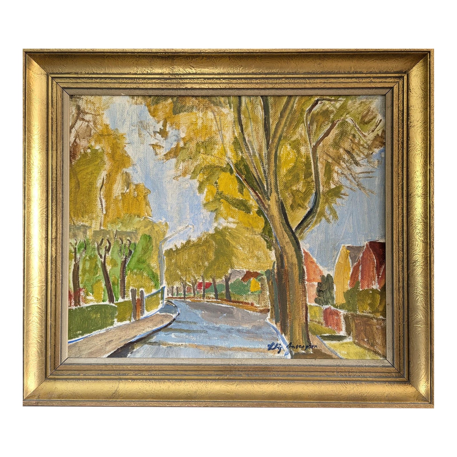 Mid-Century Modern "Autumn Stroll" Vintage Street Scene Landscape Oil ...