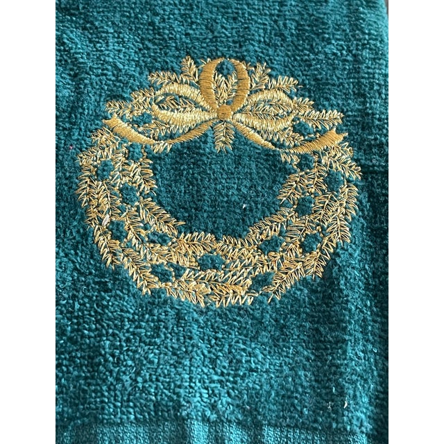 4 Gold Embroidered Face / Guest Terry Towels Bottle Green | Chairish