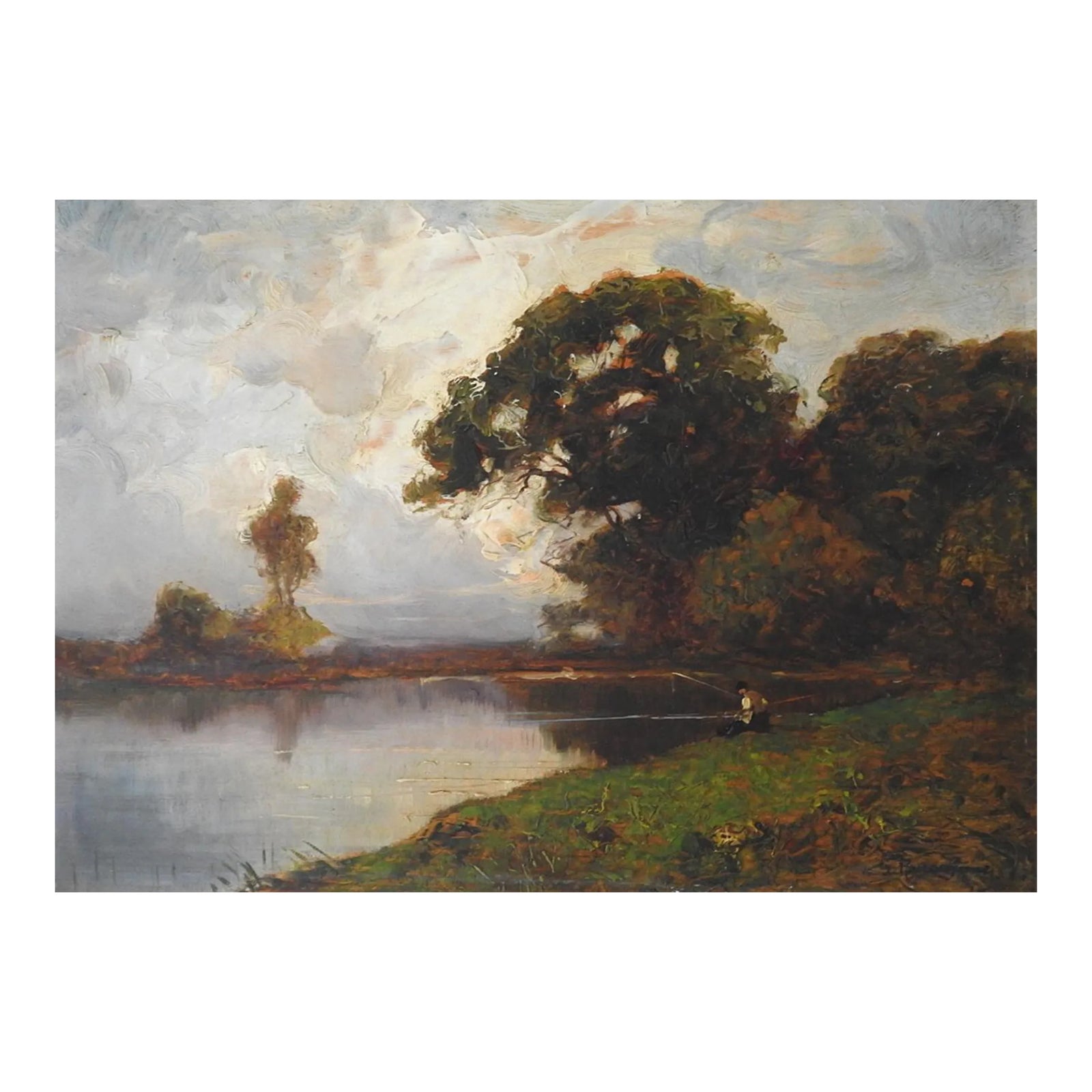 Late 19th Century Barbizon School Landscape With Fisherman Painting ...