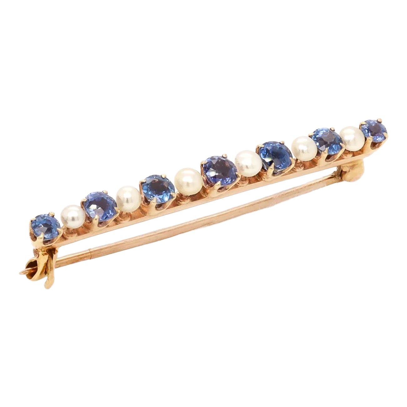 Antique Edwardian 14k Yellow Gold, Blue Topaz, & Button Pearl Bar Pin ...