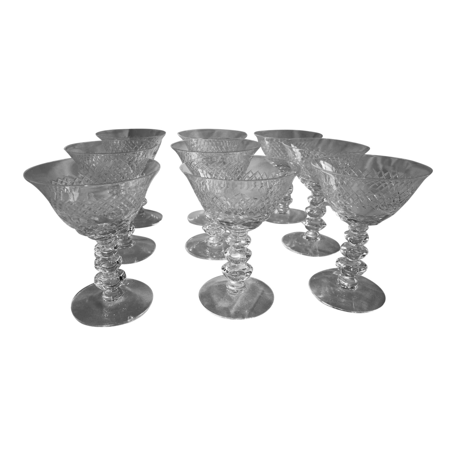 Diamond Pattern Cut Crystal Sherry Glasses - Set of 9 | Chairish