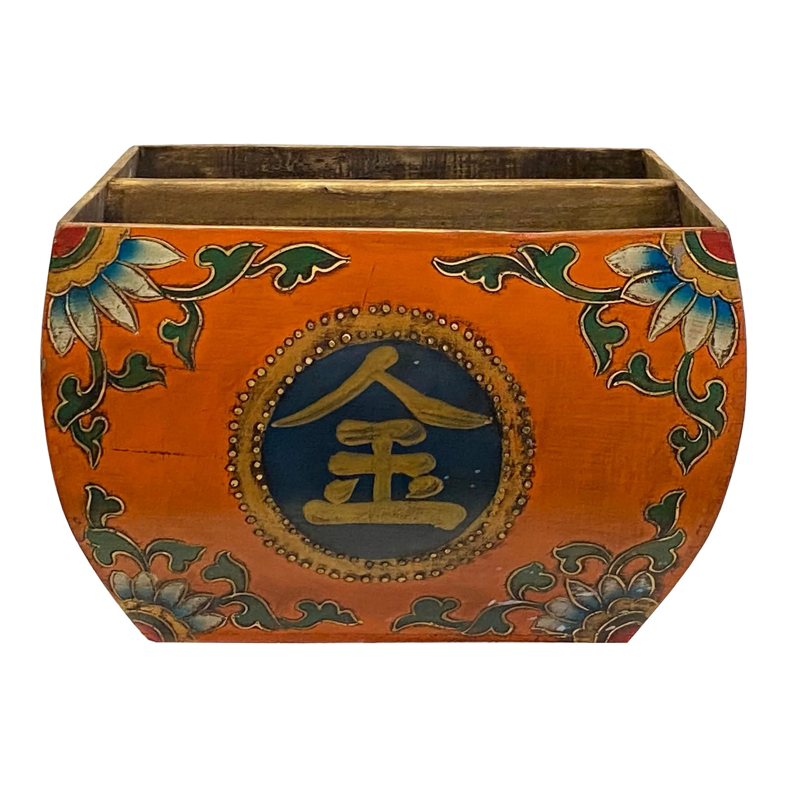 Chinese Wood Square Orange Lacquer Graphic Handle Bucket | Chairish